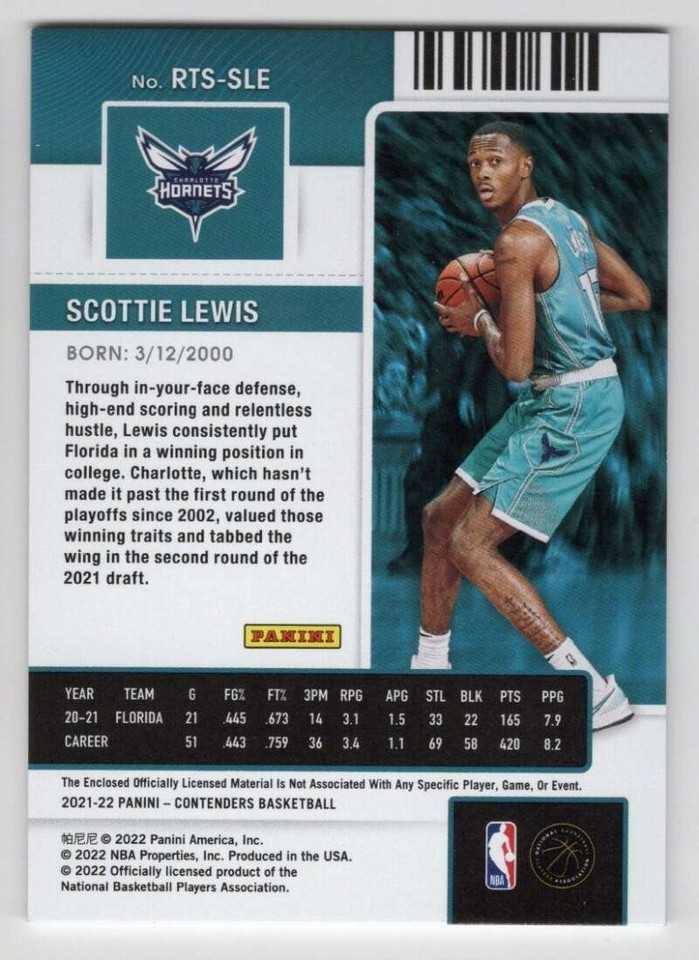 SCOTTIE LEWIS RC 2021-22 Panini Contenders Rookie Ticket Swatches Horne ...