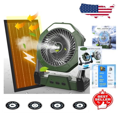 10W Solar Camping Fan with Misting & 10000mAh Battery - Portable ...
