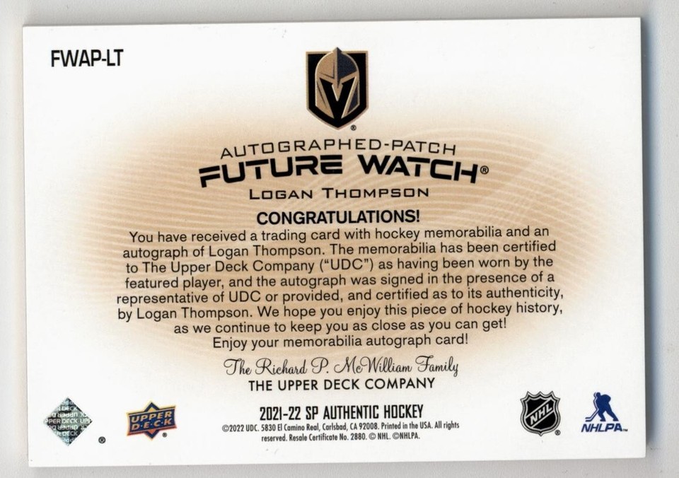 2021-22 SP Authentic Future Watch Patch Auto Logan Thompson 017/100 | eBay