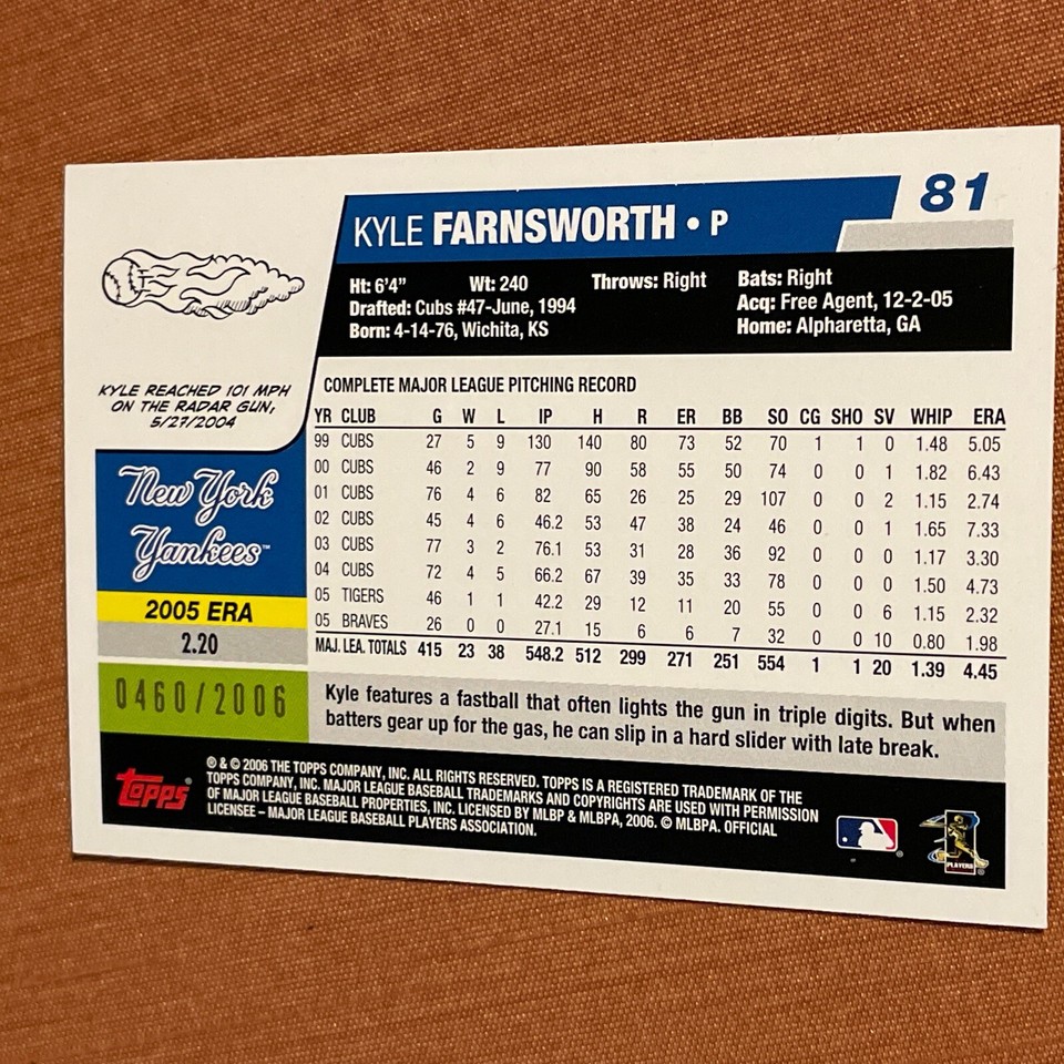 Kyle Farnsworth 2006 Topps 55 Years Gold Card #81. New York Yankees 460 ...