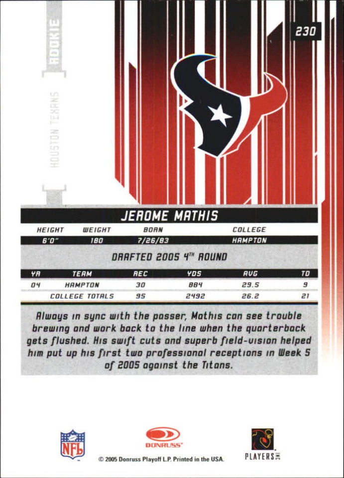 2005 Leaf Rookies and Stars Longevity Ruby #230 Jerome Mathis /199 - NM ...