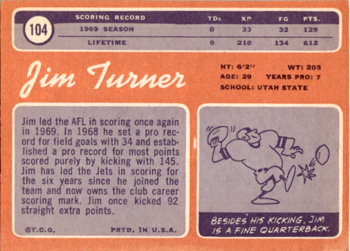 1970 Topps Football #104 Jim Turner New York Jets | eBay