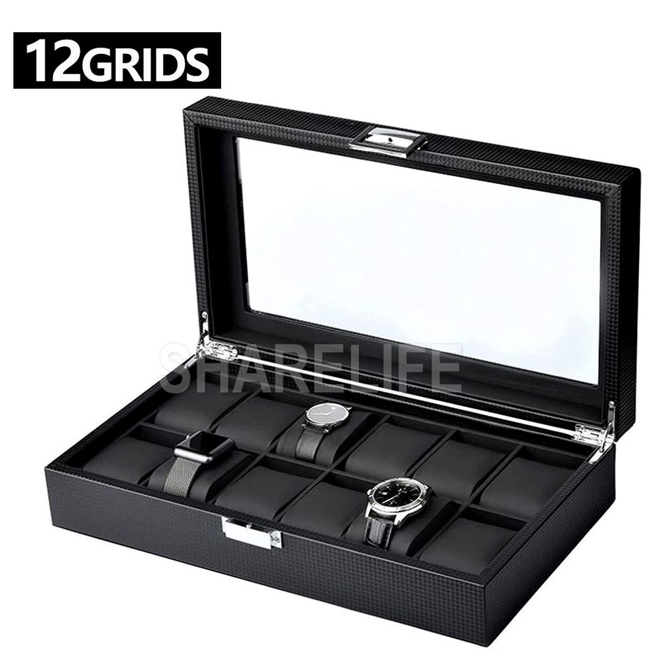 High-Grade 6/12/24 Grids Carbon Fiber Watch Box Storage Case Display ...