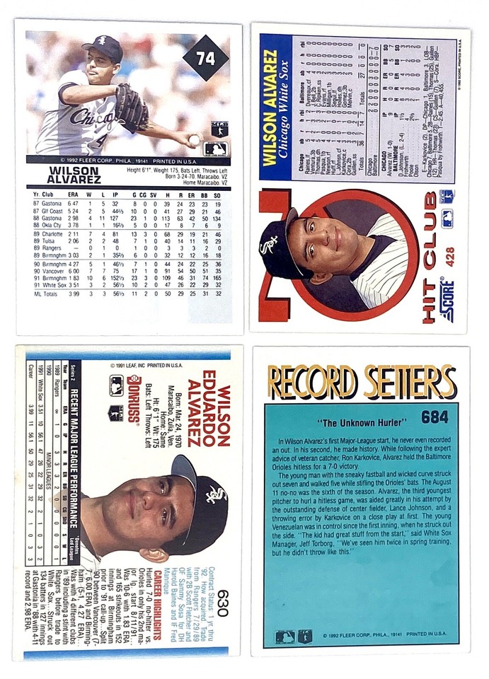 1992 Donruss Fleer Score WILSON ALVAREZ Chicago White Sox 4-card lot ...