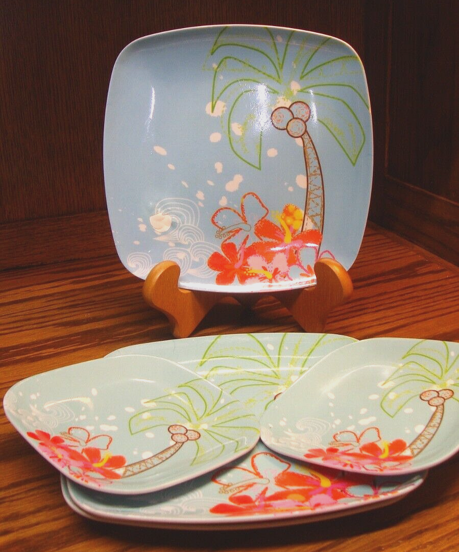 Assorted Lot (4) Tropical Melamine Ware Plates~2 Dinner + 2 Bread ...
