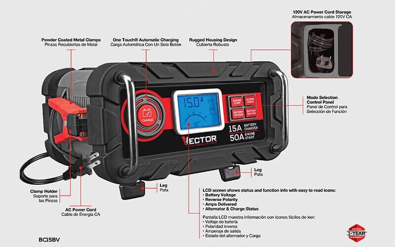 Vector 15 Amp Automatic 12V Battery Charger with 50 Amp Engine Start | eBay