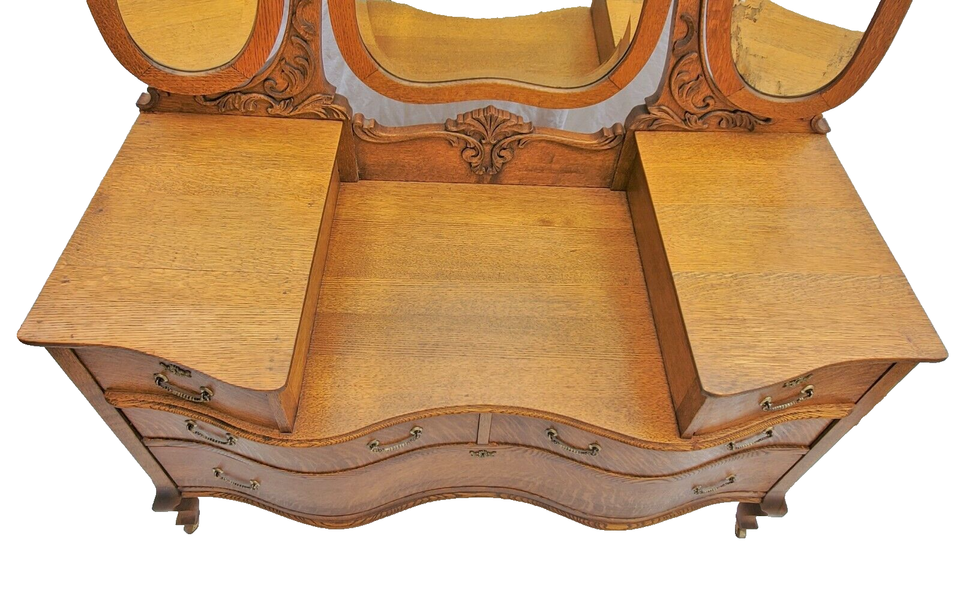 Victorian Large Tiger Oak American Vanity Dresser Chest Batwing Mirrors ...