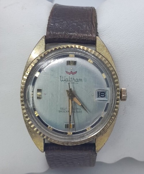 Men Vintage Waltham Automatic Watch Shock Resis Gold Case Brown Leather ...