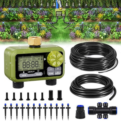 50Ft Drip Irrigation Kit With Garden Water Timer-2 Zone, Automatic ...