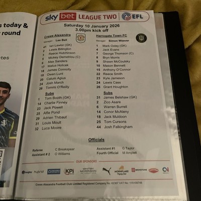 2026 CREWE ALEX ALEXANDRA V HARROGATE TOWN 25/26 LEAGUE 2 TEAMSHEET VGC ...