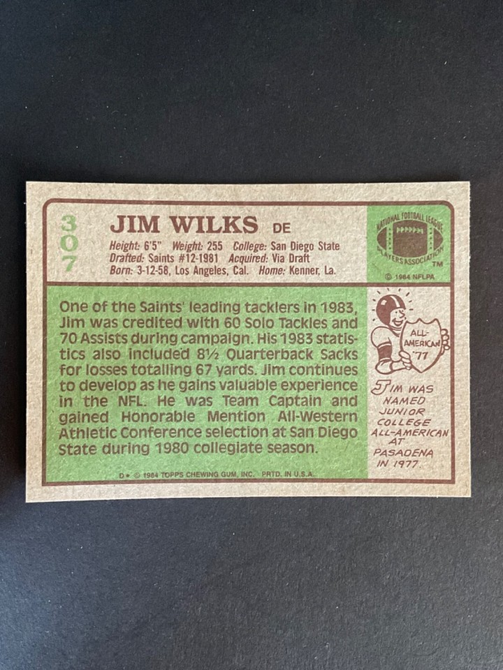 Jim Wilks 1984 Topps Rookie Football Card #307 - New Orleans Saints ...