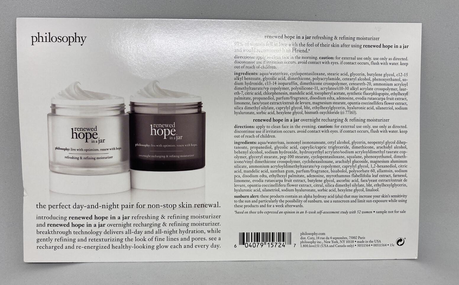 6X Philosophy Renewed Hope in a Jar Moisturizer Day & Night .07 oz each ...