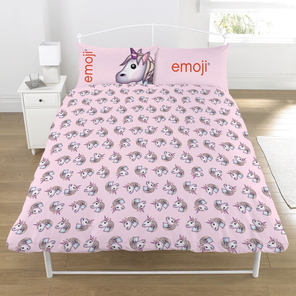 UNICORN DOUBLE DUVET COVER SET EMOTICON KIDS GIRLS BEDDING 2-IN-1 ...