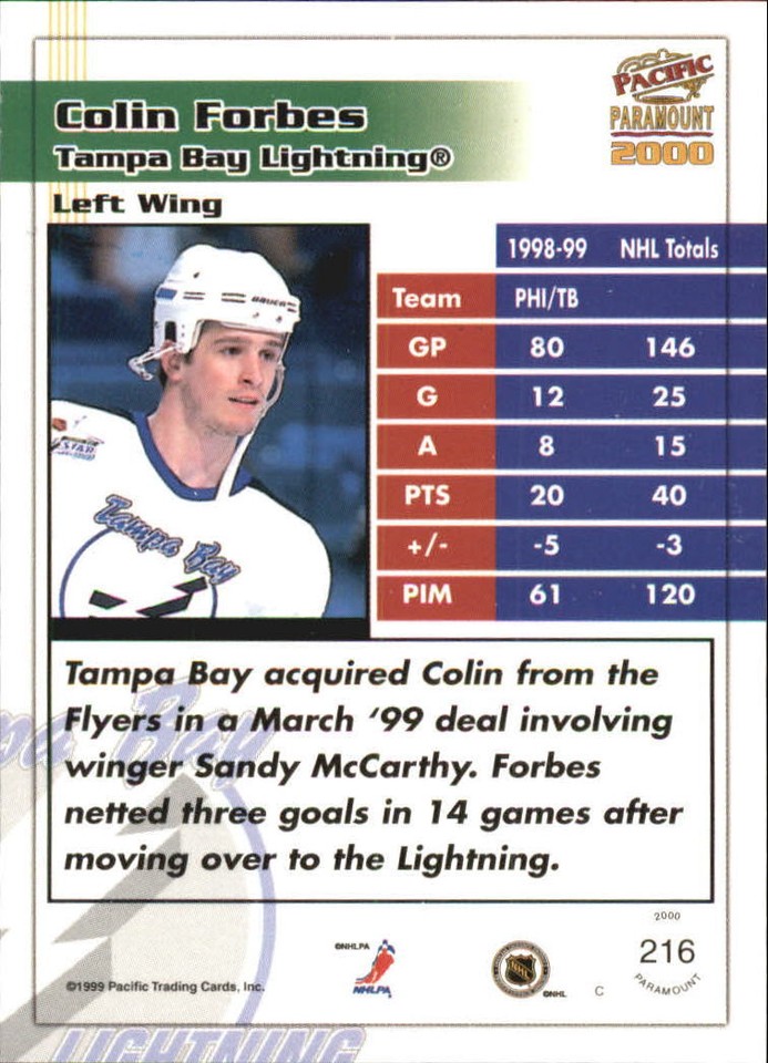 1999-00 Paramount Lightning Hockey Card #216 Colin Forbes | eBay