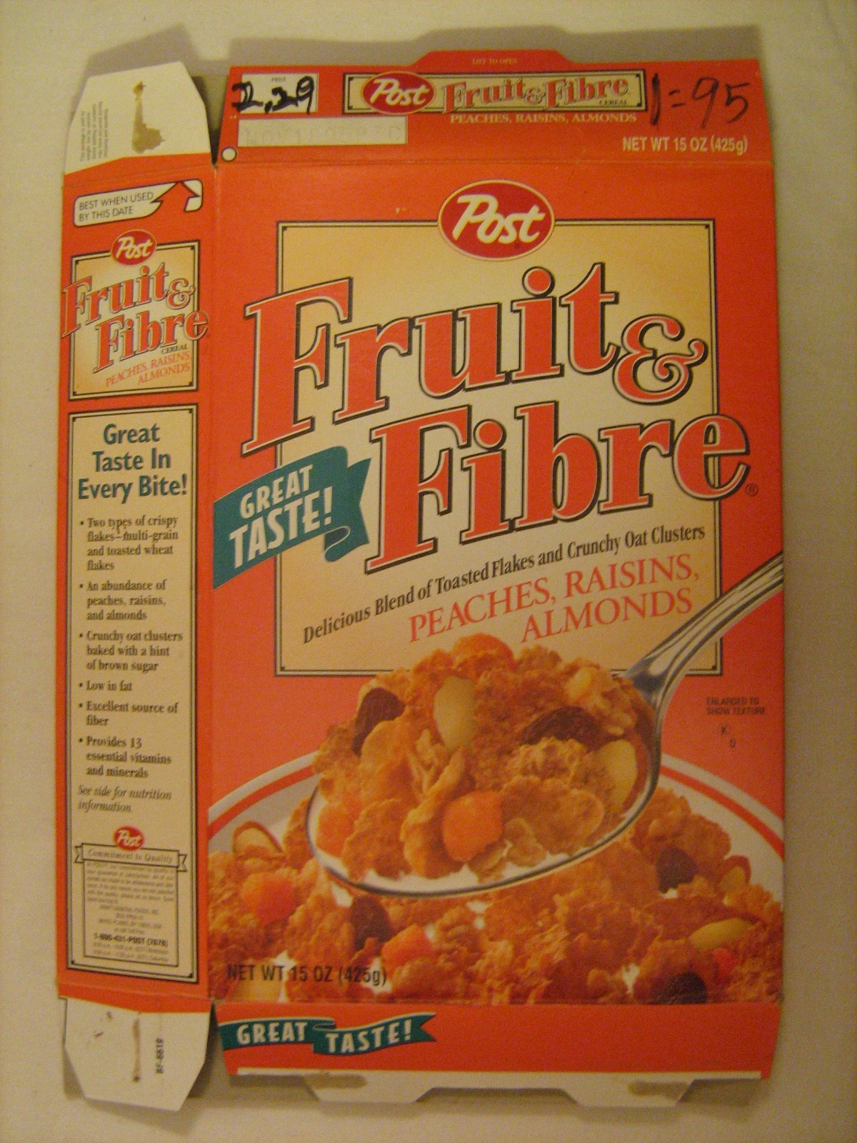 POST Cereal Box 1995 FRUIT & FIBRE Peaches, Raisins, Almonds 15 oz ...