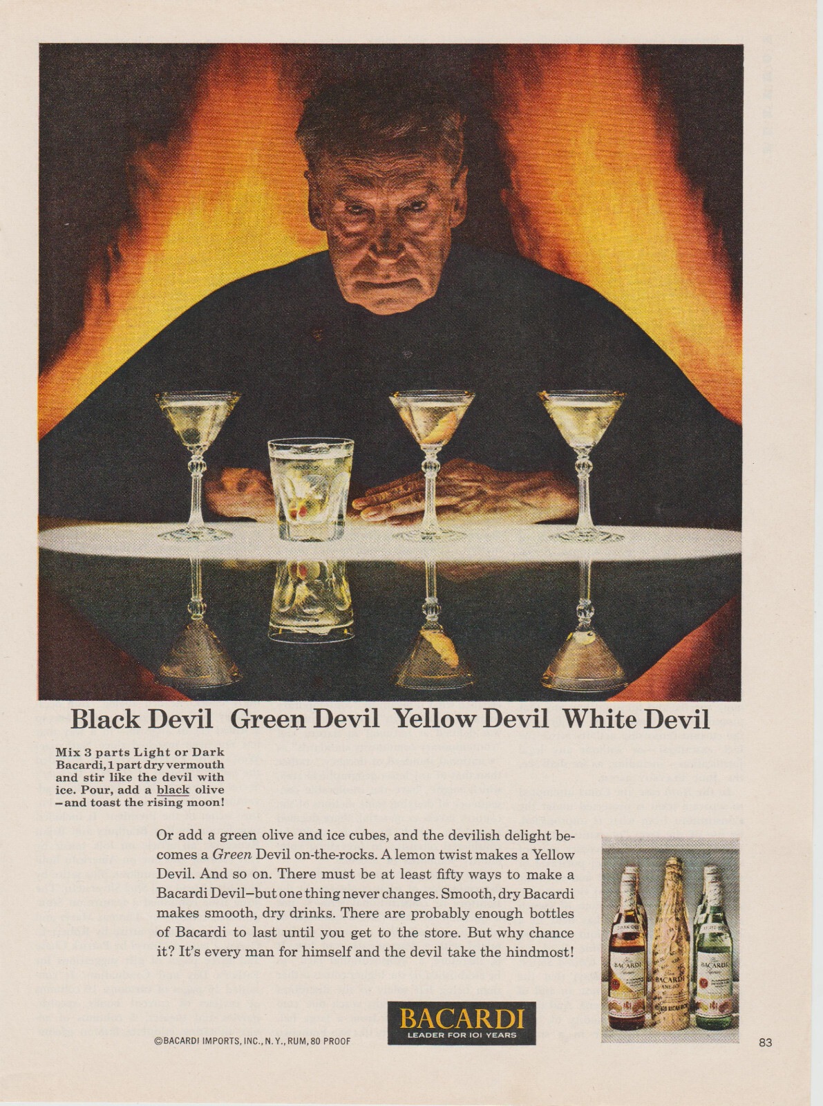 1963 Bacardi Rum - Black Green Yellow White Devil Fire Evil Guy - Print ...