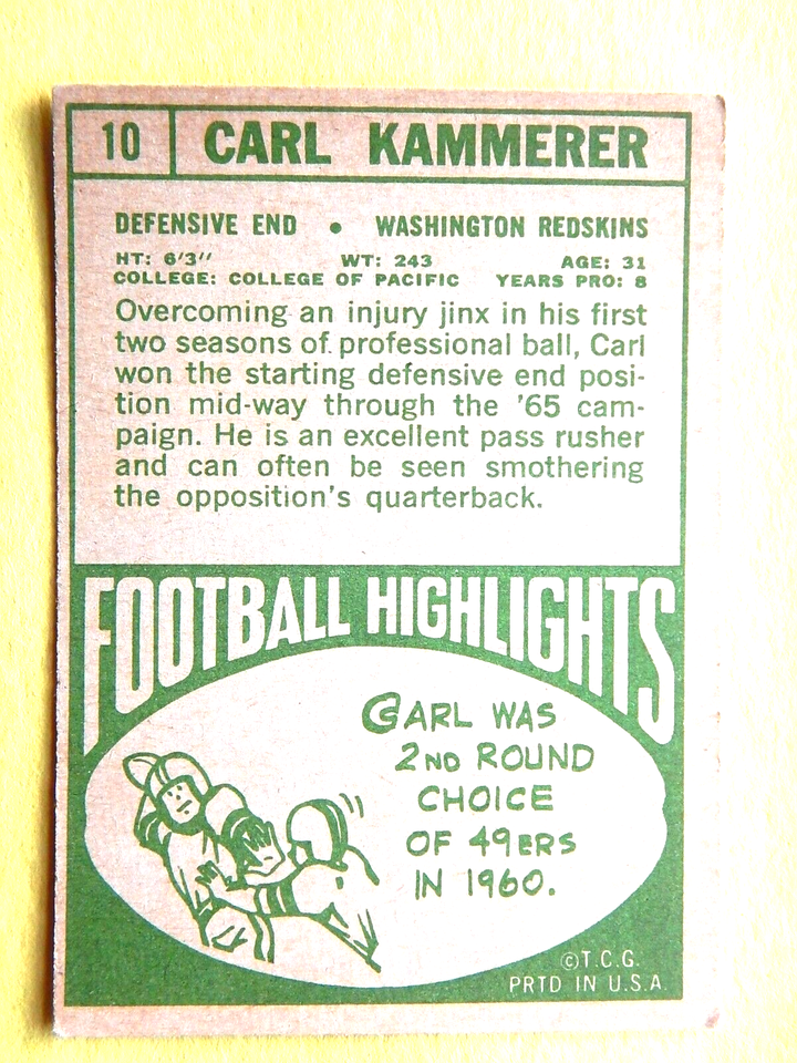 Carl Kammerer #10 Topps 1968 Football Card (Washington Redskins) *VG | eBay