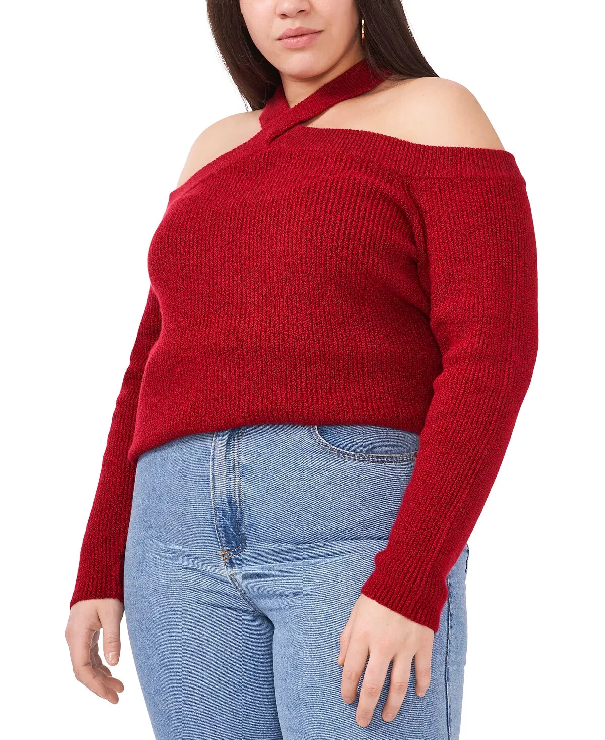 1.State Women's Plus Size 2X Cold-Shoulder Halter Pullover Sweater, Red ...