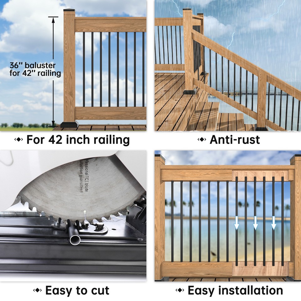 Muzata 36" Aluminum Deck Balusters Round Black Deck Railing Stair ...