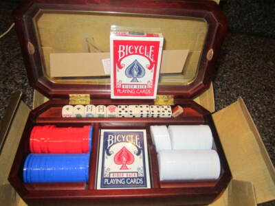 Bicycle Executive Poker Set Wood Glass Storage Box Chips Cards Dice New ...