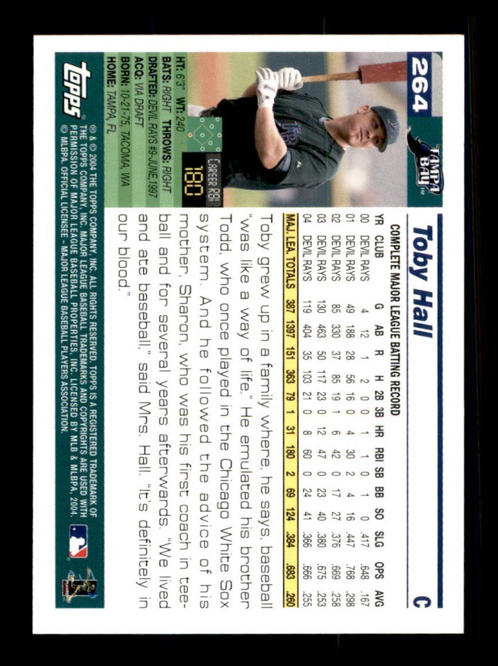 2005 Baseball Topps Toby Hall Tampa Bay Devil Rays #264 | eBay
