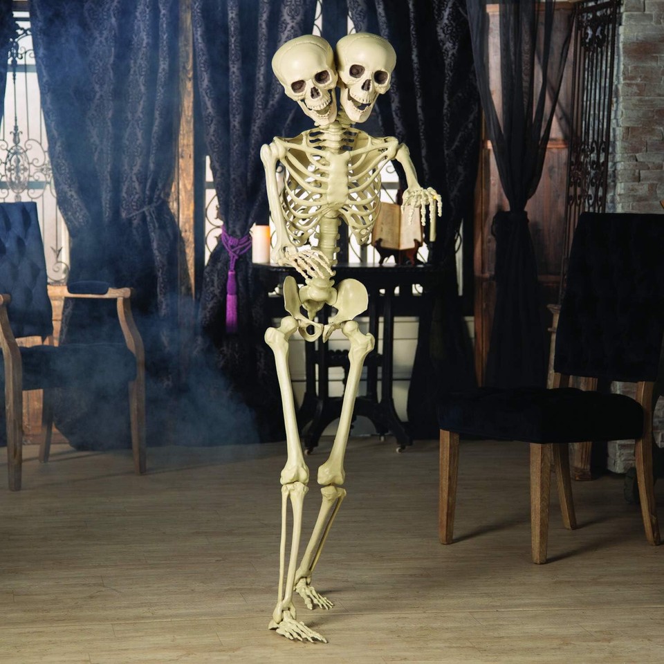5-Ft Life Size Posable Double Headed Skeleton Halloween Indoor Outdoor ...