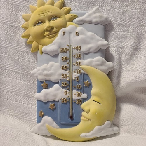 Vintage Sun And Moon Face Pottery Wall Hanging Thermometer Celestial ...