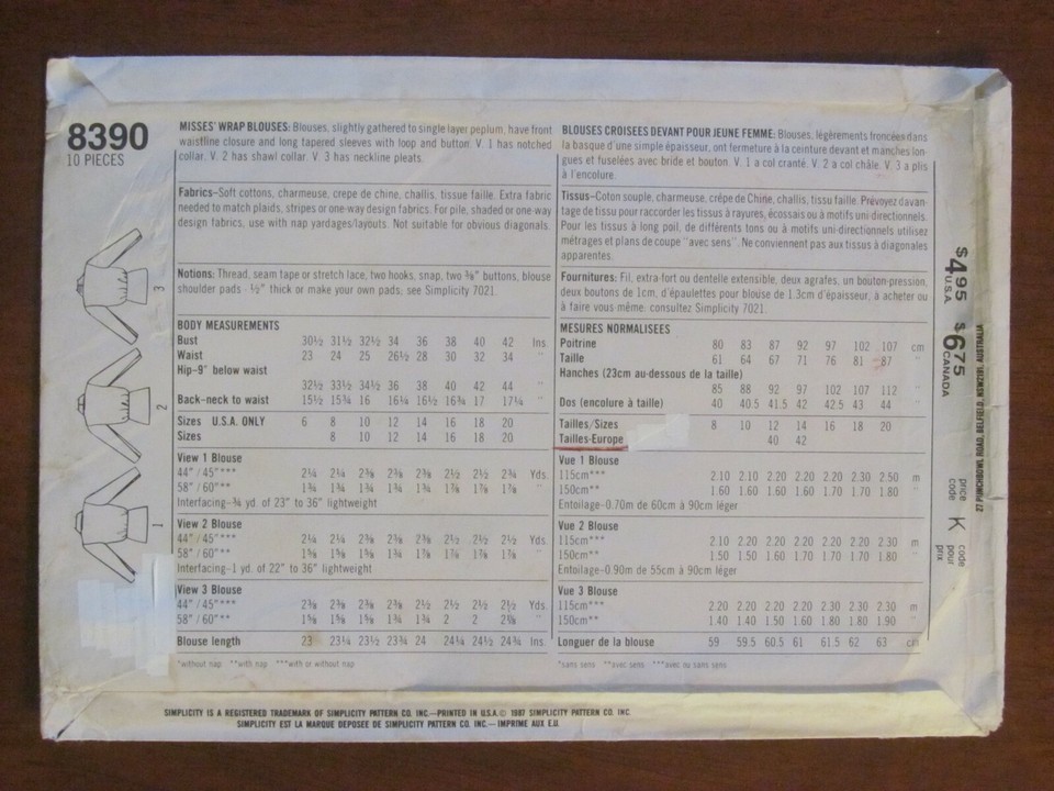 SIMPLICITY PATTERN - 8390 LADIES WRAP BLOUSE TOP SHAWL COLLAR PEPLUM SZ ...