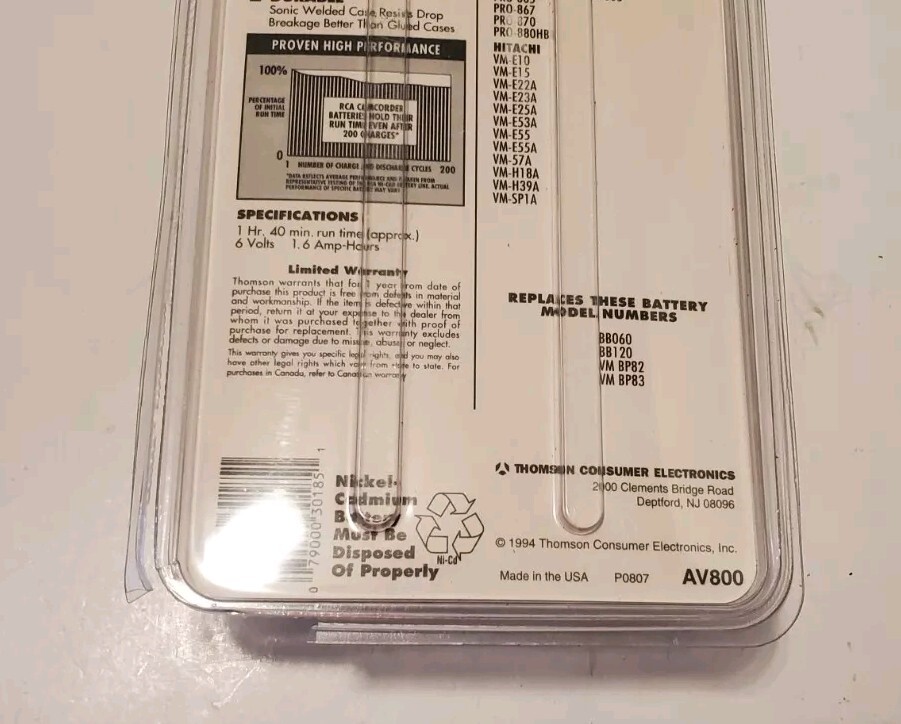 Vintage RCA Camcorder Rechargeable Battery AV800 Sealed Package | eBay