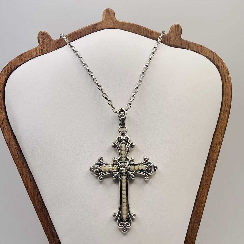 Brighton Ornate Cross Necklace Faux Pearl Inlay Swarovski Crystal ...