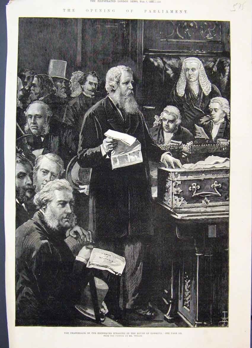 Estampe ancienne originale 1880 Parlement chancelier échiquier communes ...