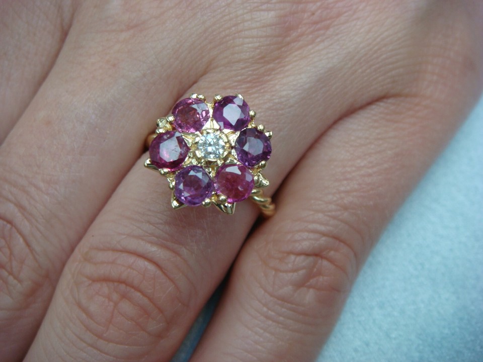 GORGEOUS 14 KT GENUINE RUBIES AND DIAMOND HIGH SET FLOWER LADIES RING ...
