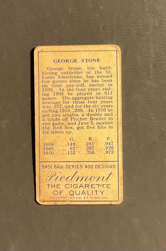 1911 T205 George Stone St Louis American Piedmont Back | eBay