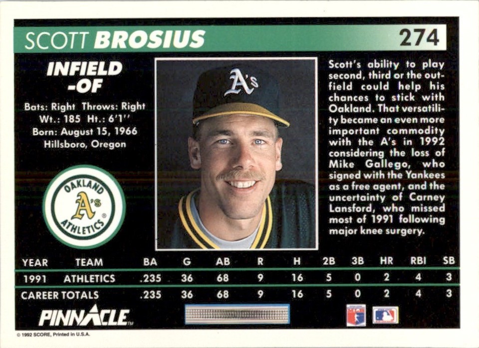 1992 Pinnacle Scott Brosius Oakland Athletics #274 Baseball Card | eBay