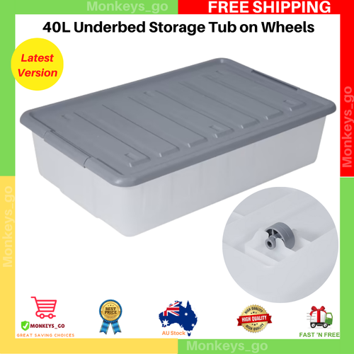 40L Underbed Storage Tub on Wheels Moveable Box Heavy Duty Plastic Lid ...