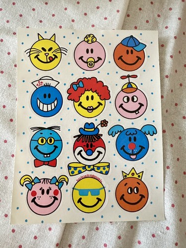 RARE VINTAGE 80s STICKERS SHEET FUNNY FACES CLOWN CAT DOG DORK BY RUSS ...
