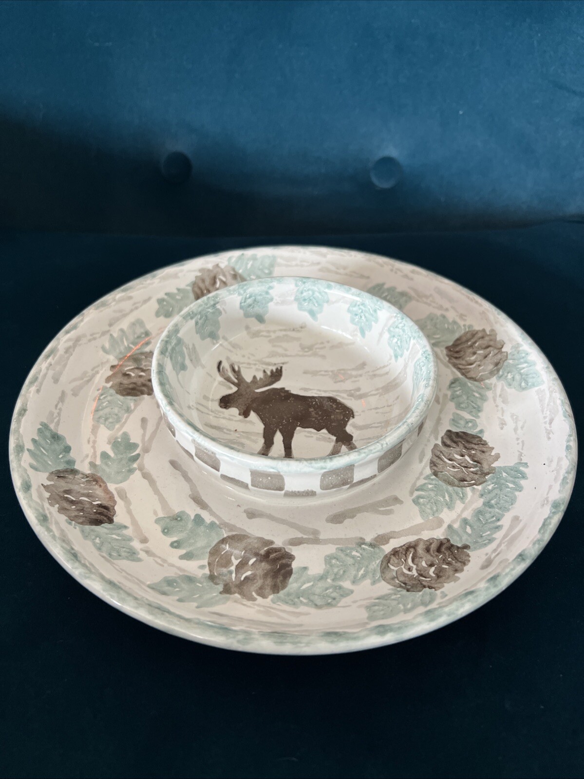 Vermont Pottery Redware Dip Chip/ Cracker Platter With Moose Pinecones Holiday | eBay