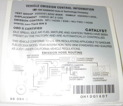 GM 96394228 Genuine GM Parts Emissions Label 2004 Chevrolet Aveo - Lot ...
