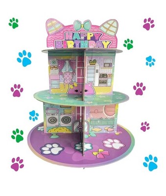 Cartoon Cat Dollhouse Cupcake Stand 3-Tier Pink Cake Stand for 24 ...