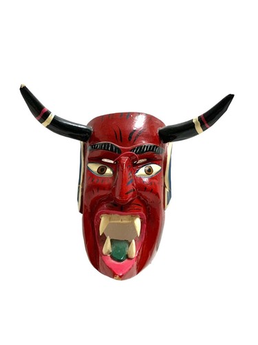 Vtg Devil Mask Wood Halloween Carved Diablo Mexican Festival Carnival ...