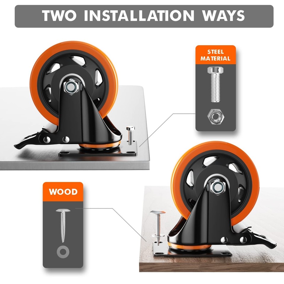 4 Inch Caster Wheels, Casters Set of 4, Heavy Duty Casters with Brake ...