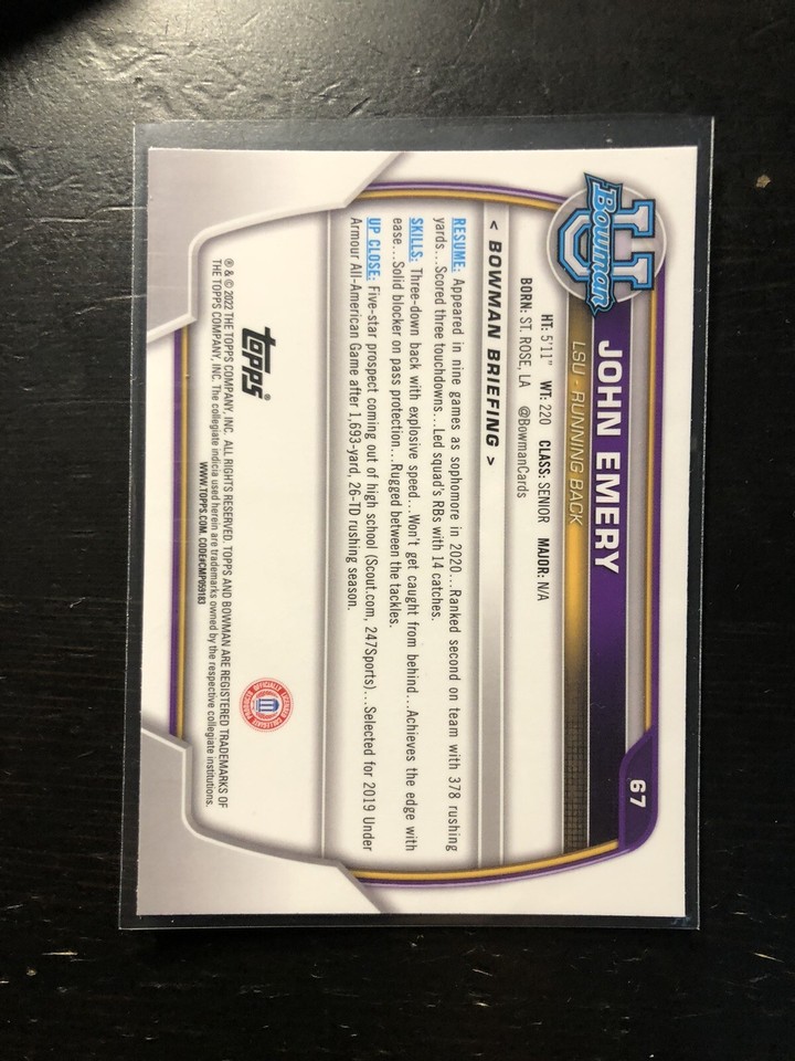 2022 Bowman University Chrome Purple Shimmer #67 John Emery LSU Card ...