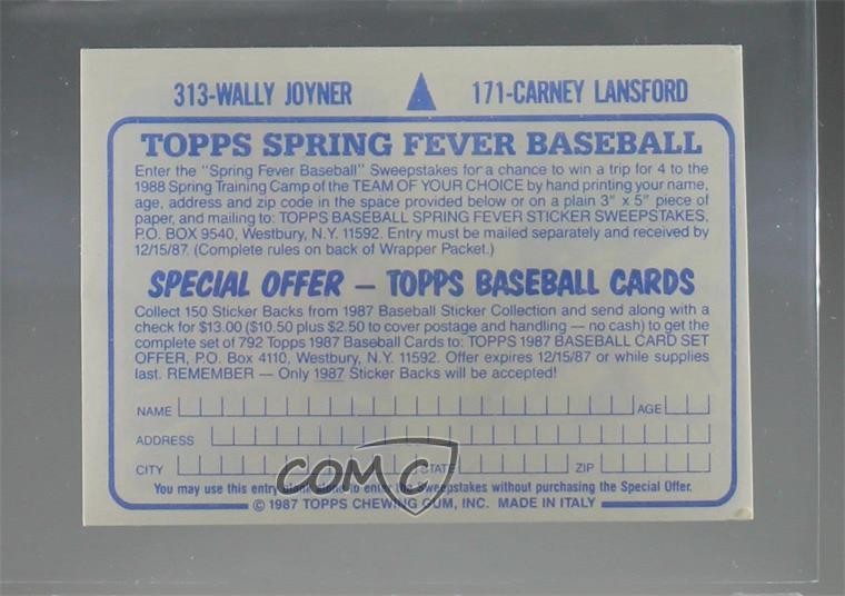 1987 Topps Album Stickers Wally Joyner Carney Lansford #313-171 Rookie ...