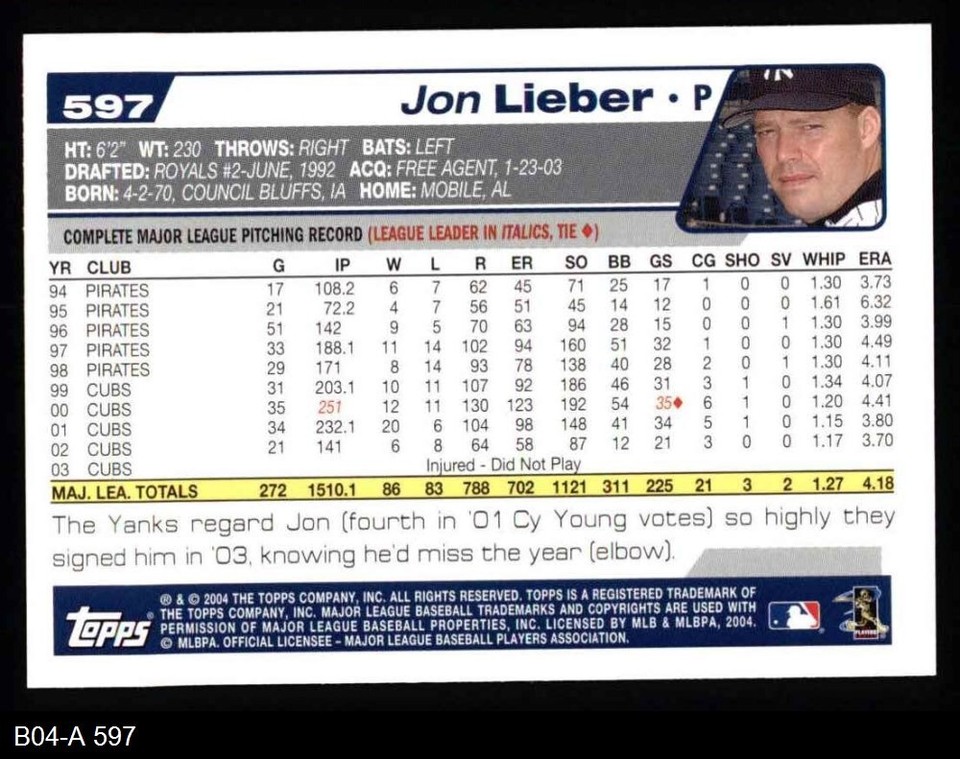 2004 Topps #597 Jon Lieber Yankees 8 - NM/MT | eBay