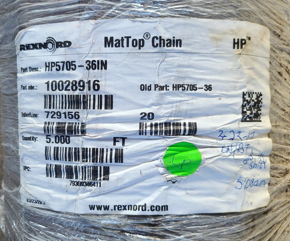 Rexnord Mat Top Chain HP5705-36IN , HP5705 36" Wide 5' Long , New | eBay