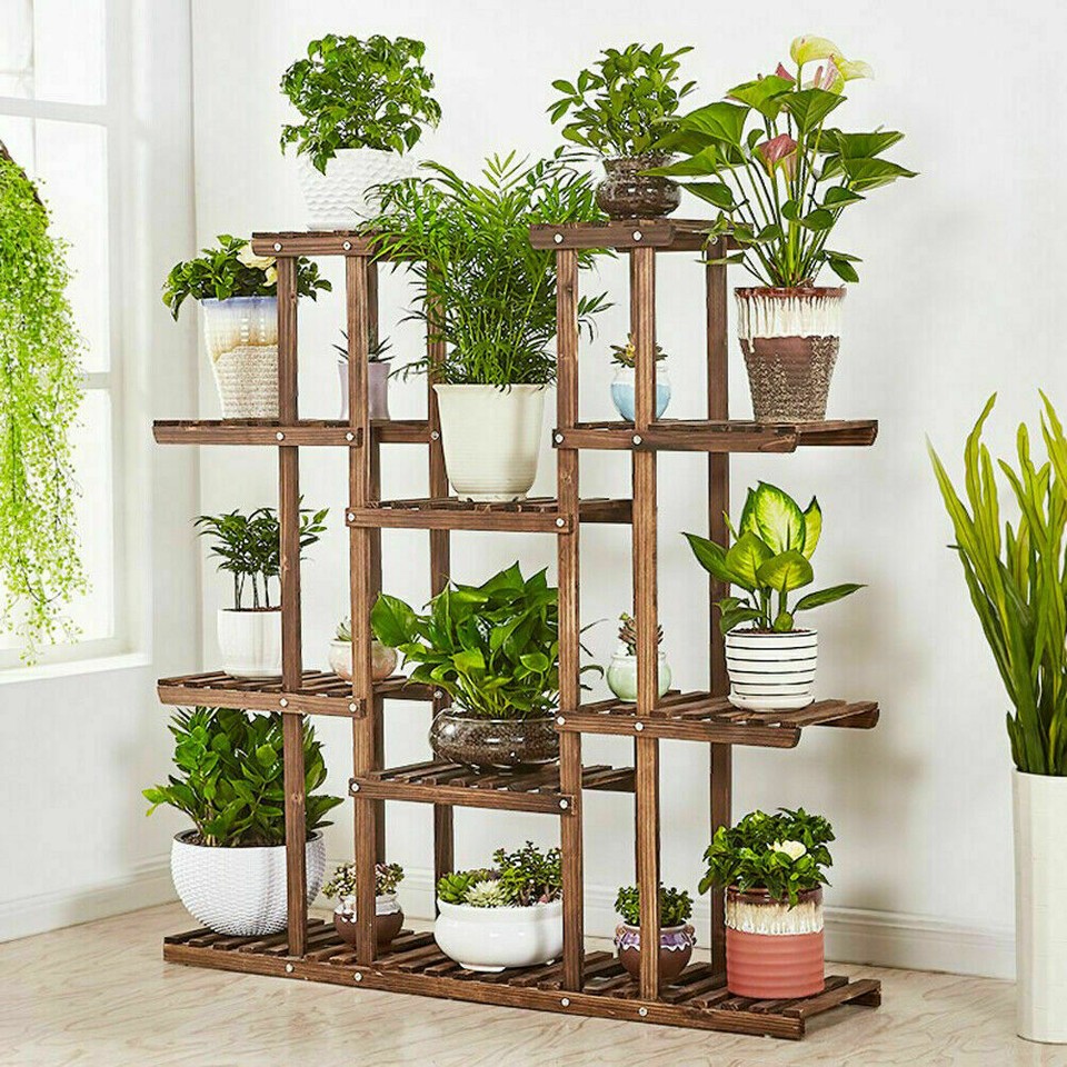 Extra Large 11Tier Wood Plant Stand 46" Tall Carbonized 17 Pot Flower ...
