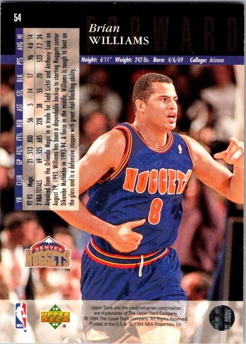 1993-94 Upper Deck #54 Brian Williams Special Edition Denver Nuggets ...