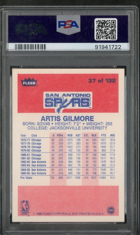 1986-87 Fleer Basketball #37 Artis Gilmore San Antonio Spurs PSA 8.5 NM ...