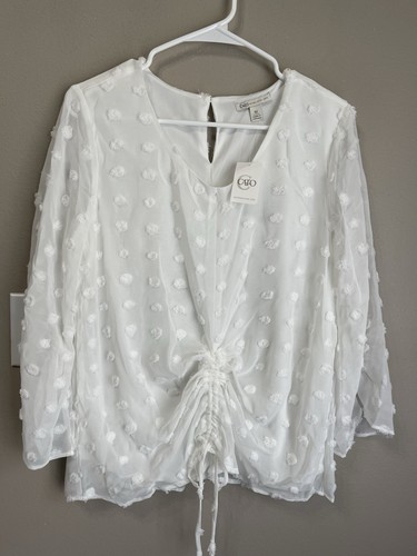 Cato White Blouse Women Medium Lined Pom Overlay 3/4 Sleeve | eBay
