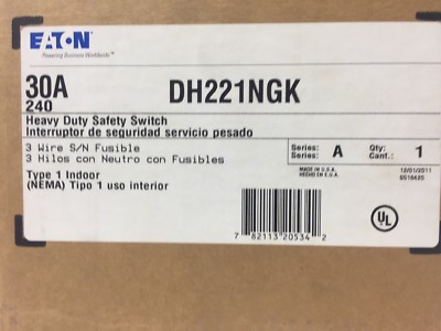 EATON DH221NGK HEAVY DUTY SAFETY SWITCH 3 WIRE S/N FUSIBLE 30 AMP 240 ...